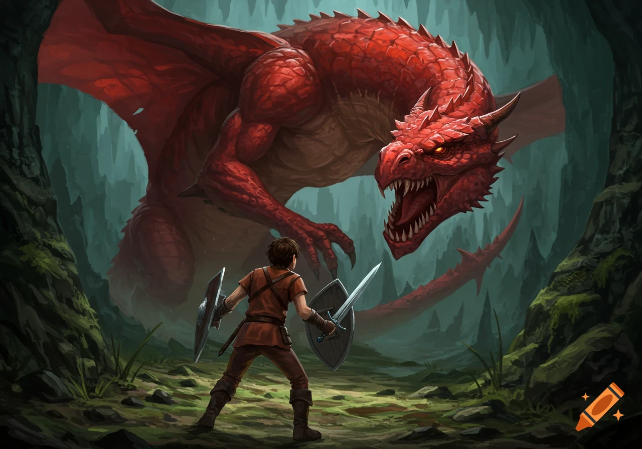 A young man with a sword and shield confronts a massive red dragon in a ...