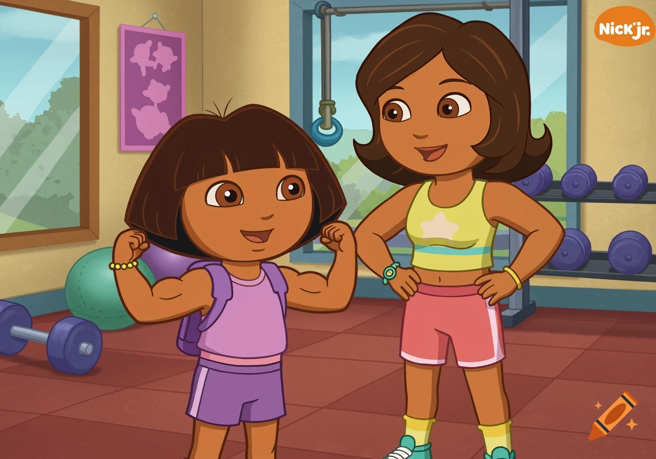 Dora and her mother flexing their muscles at a gym in a cartoon style ...