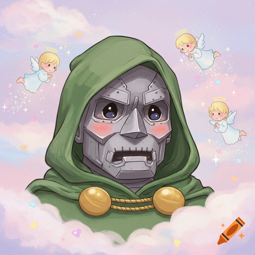 Cartoon Dr. Doom, blushing with large eyes, surrounded by small angels ...