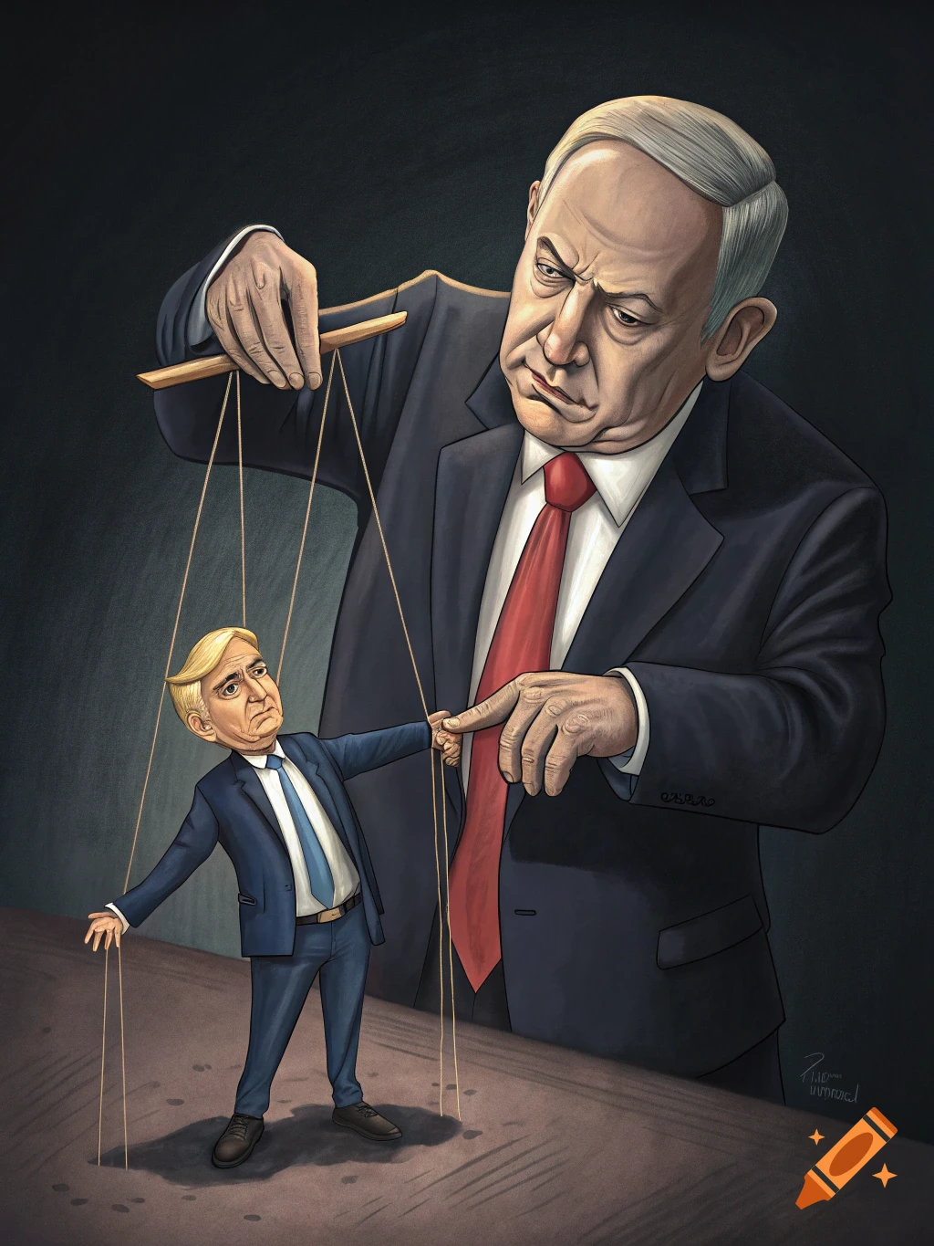 Caricature of Benjamin Netanyahu as a puppet master controlling a ...