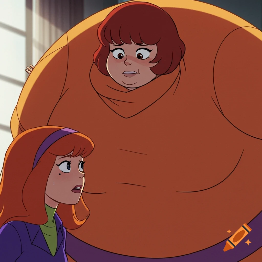 Daphne looks shocked at Velma, who is inflated like a large balloon, in a cartoon style. on Craiyon