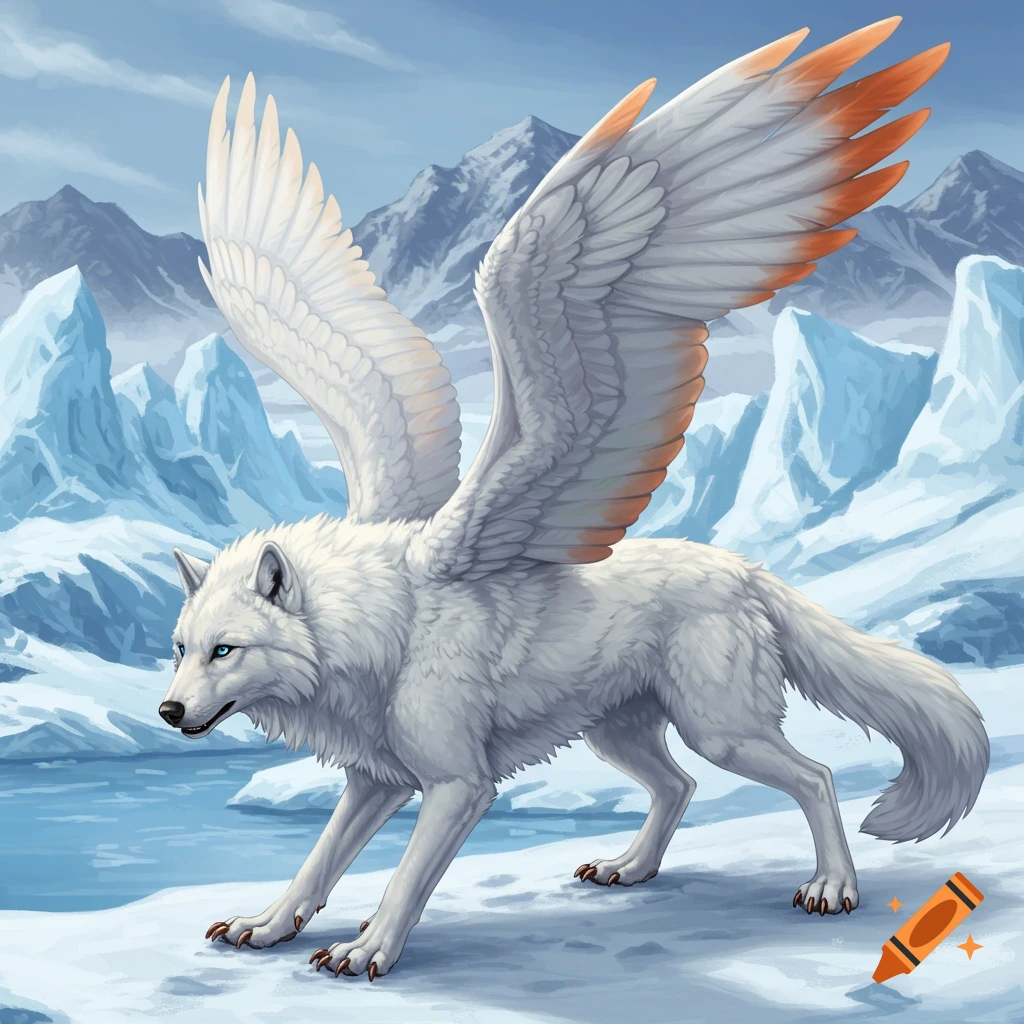 A white winged wolf with orange-tipped feathers stands on snowy ground ...