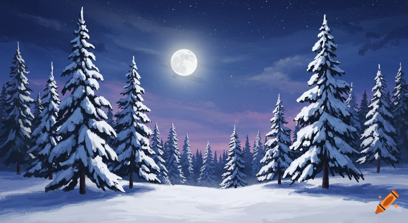 A serene moonlit snowy forest scene with snow-covered pine trees under ...