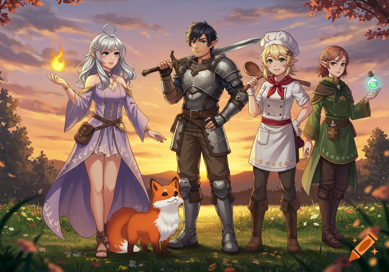 Anime-style fantasy art of four characters and a fox in a sunset ...