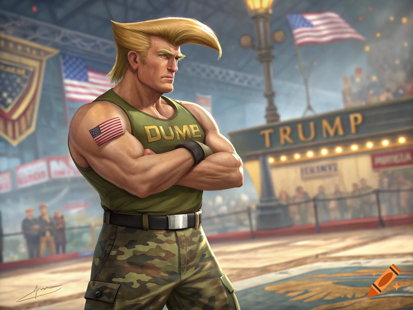 Donald Trump dressed as Guile from Street Fighter, with blonde flat-top ...