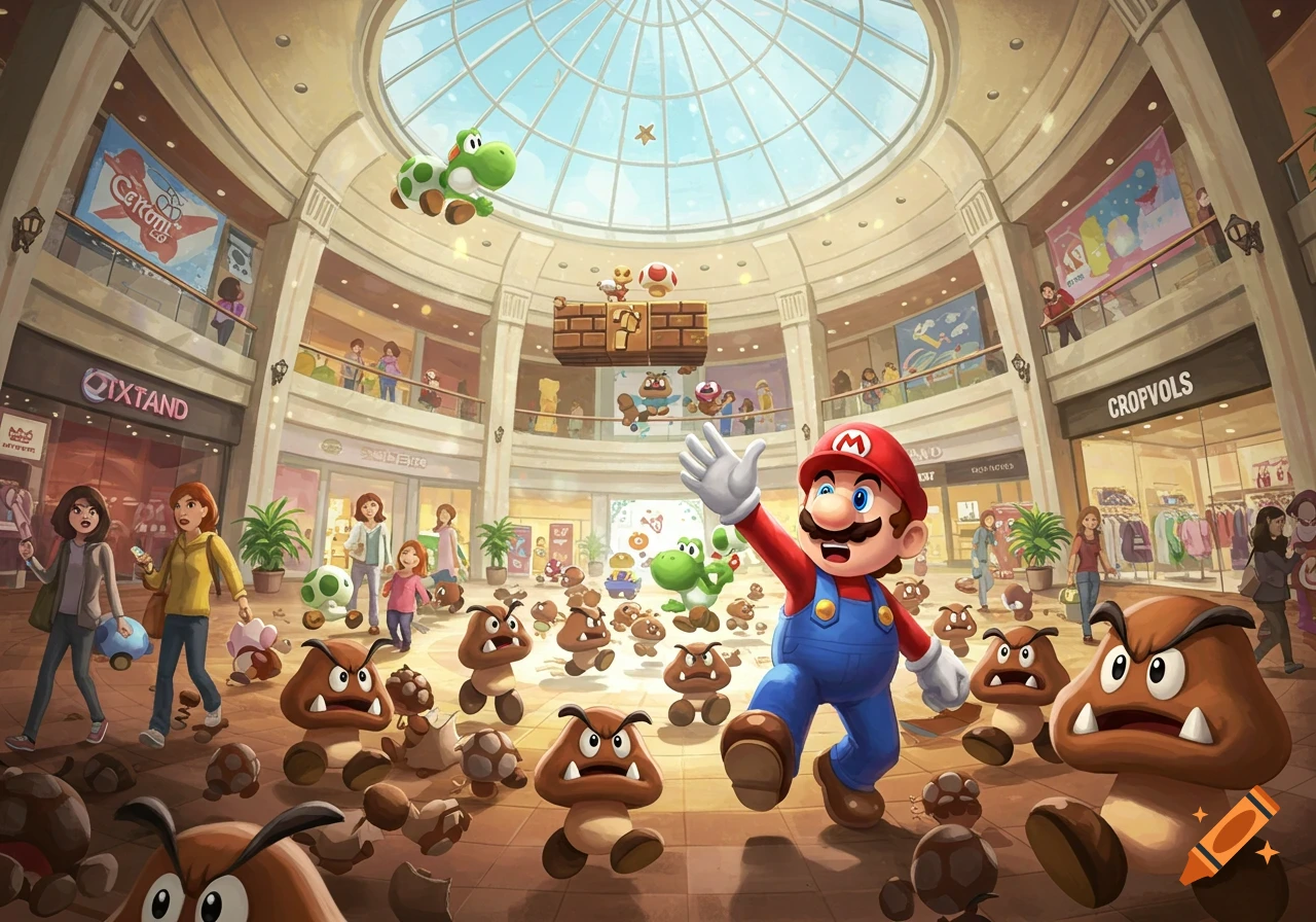 Mario stands with arm raised as a crowd of Goombas and other Mario ...