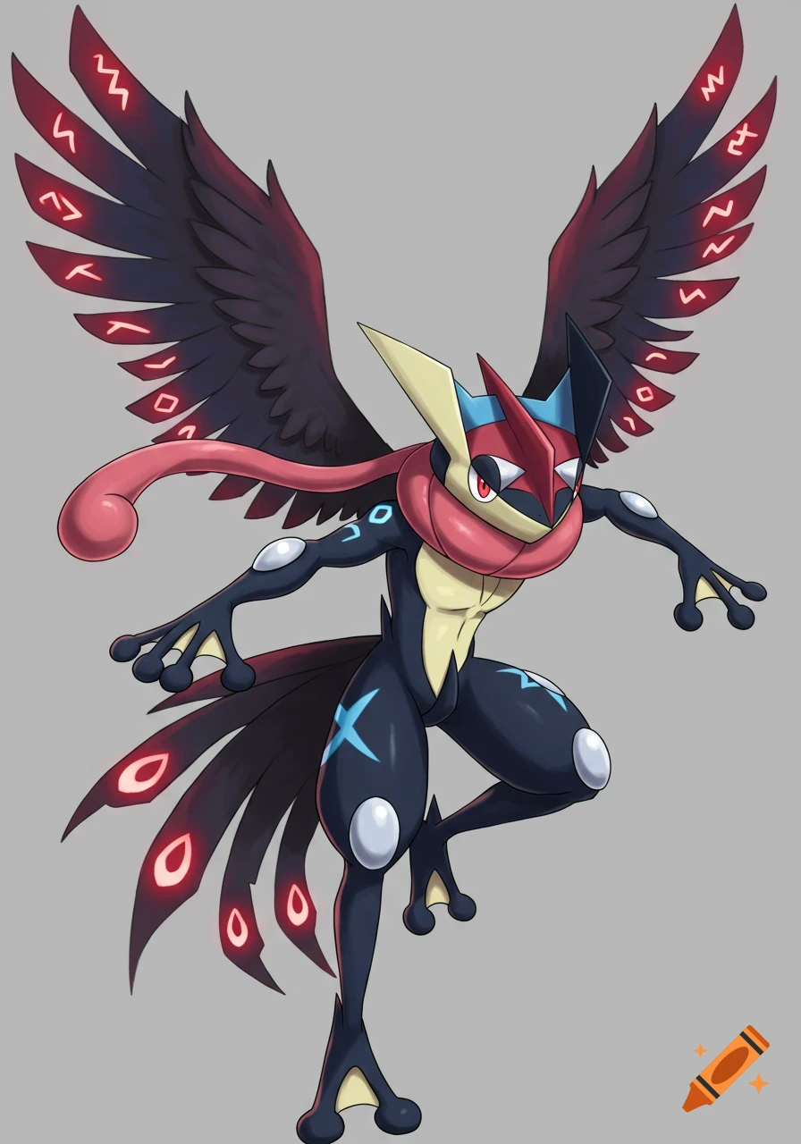 A dark blue and red winged creature resembling Greninja from Pokemon ...