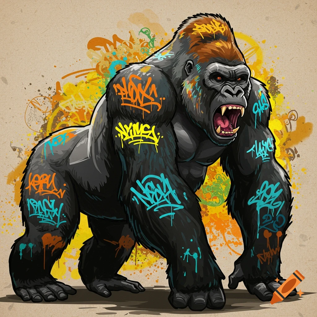 Stylized black gorilla roaring, covered in vibrant graffiti tags, on a ...