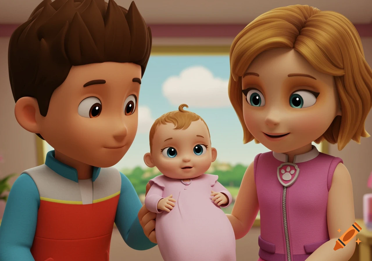CGI image of Ryder and Katie from Paw Patrol holding a baby girl ...