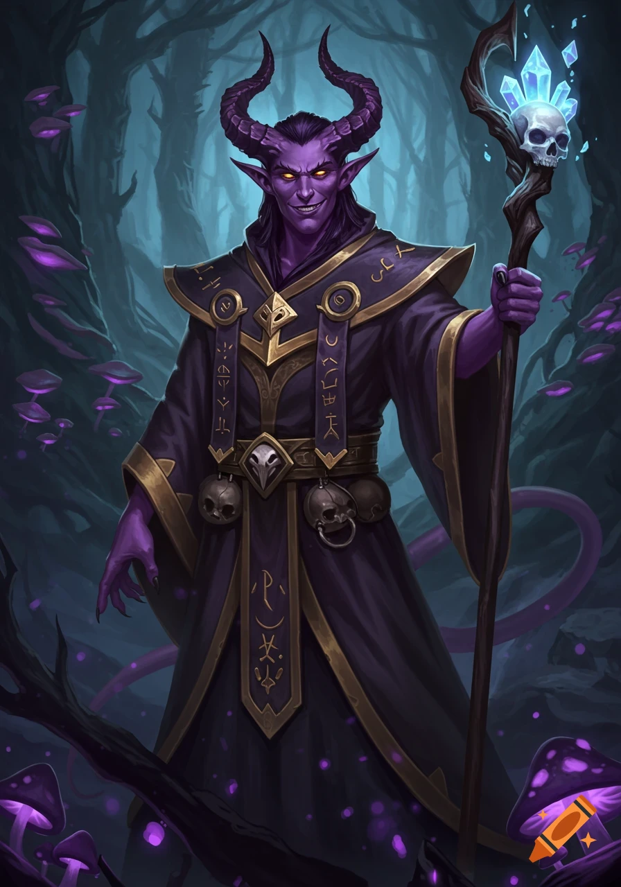 A purple-skinned warlock with horns and glowing yellow eyes wears a ...