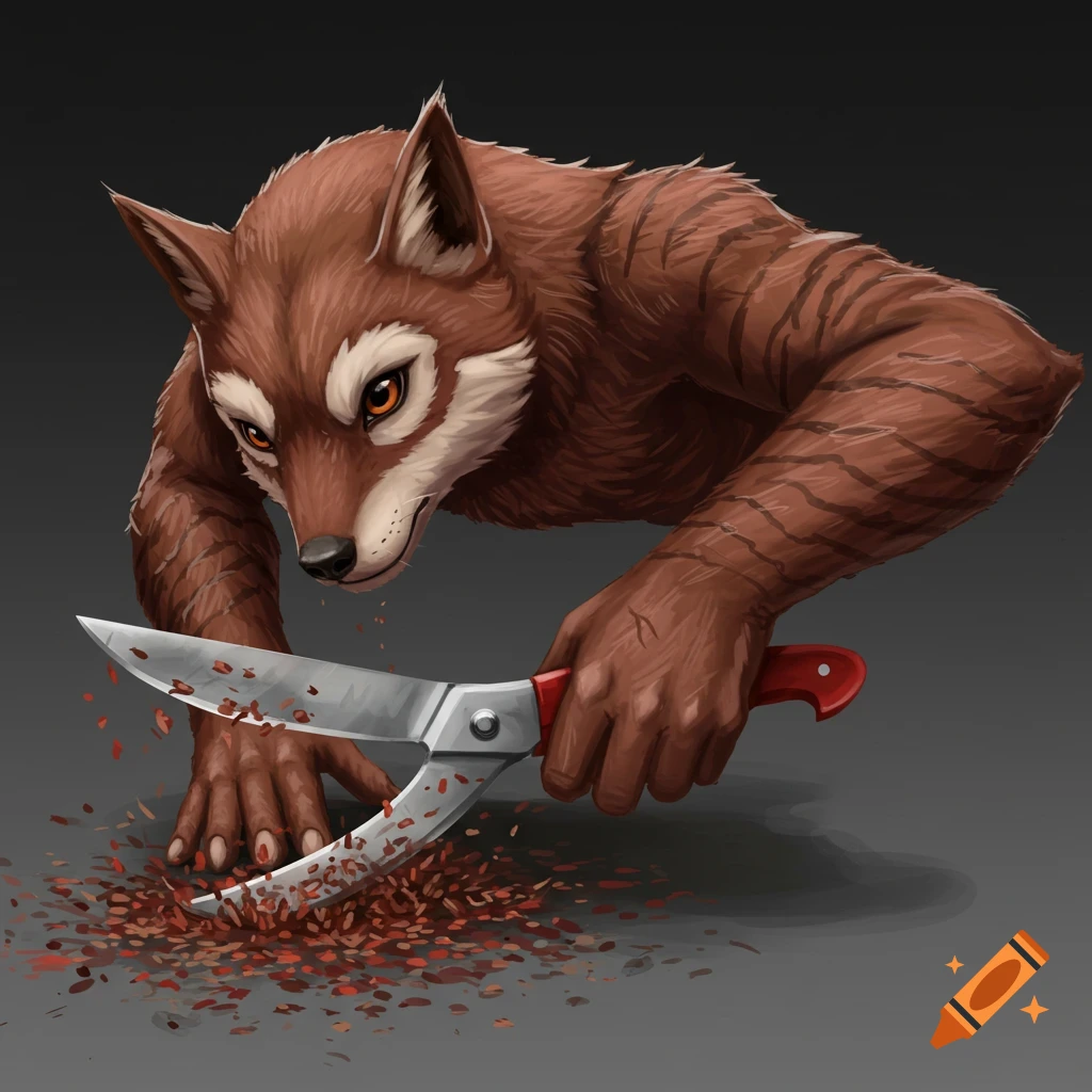 A brown, furry anthropomorphic creature with orange eyes cuts red ...