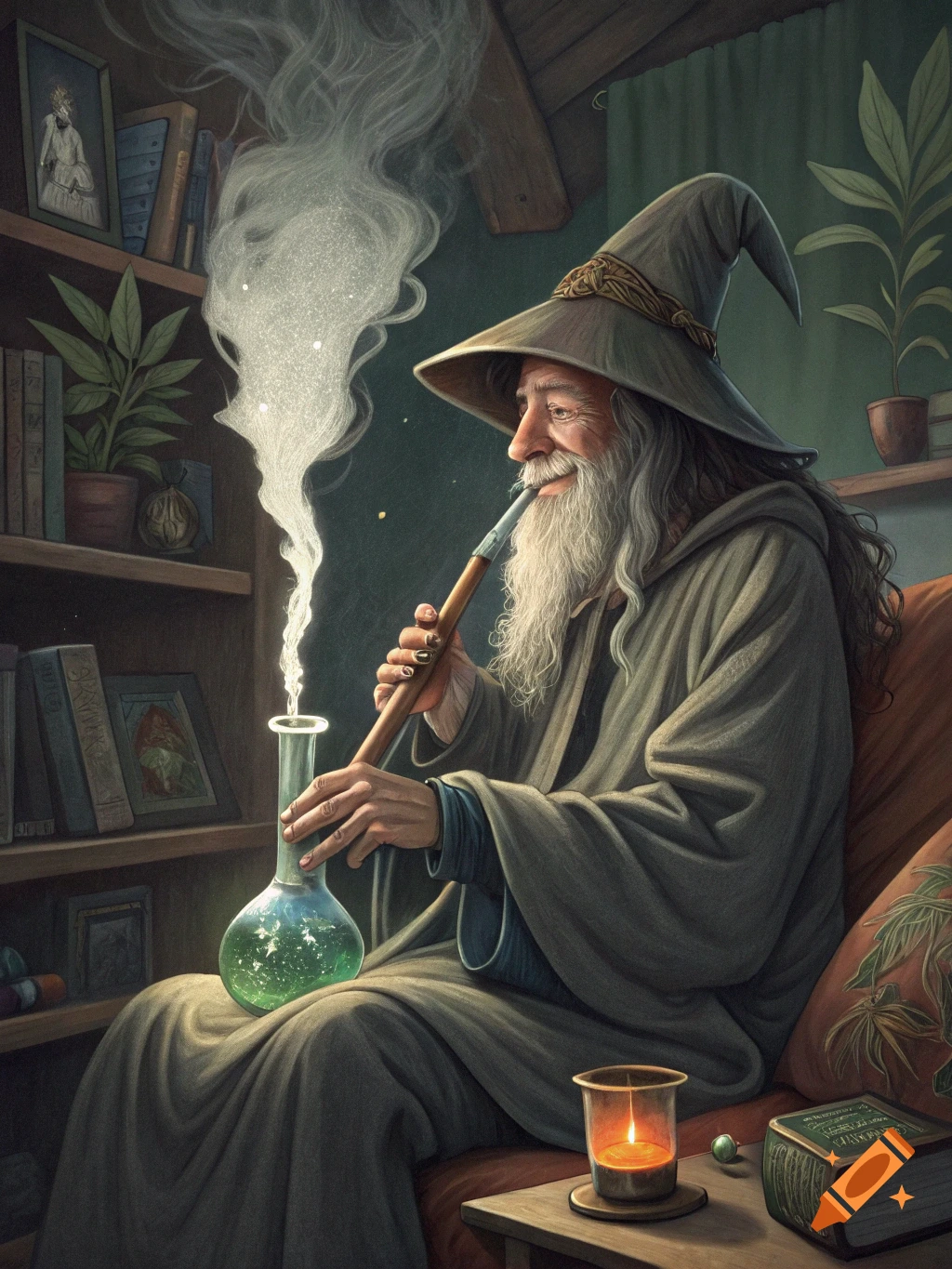 A wise, bearded wizard in a hat smokes from a glowing green bong ...