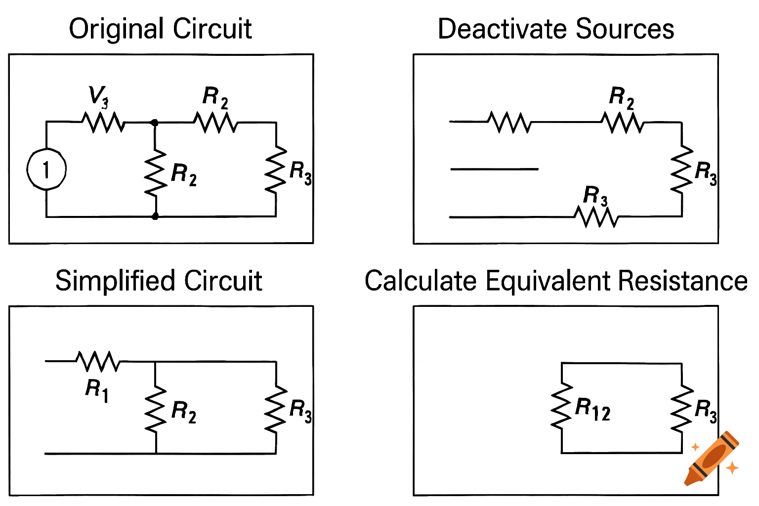 Four electrical circuit diagrams showing the steps of circuit analysis: original circuit ...