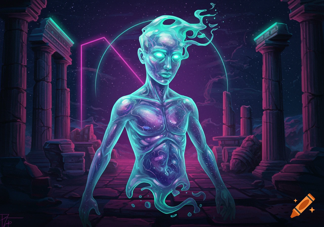 A glowing, translucent cosmic entity with swirling colors stands amidst ...