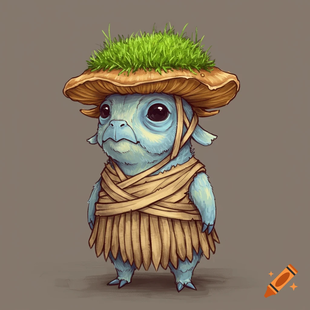 A light blue furry creature with large eyes wears a mushroom cap hat ...
