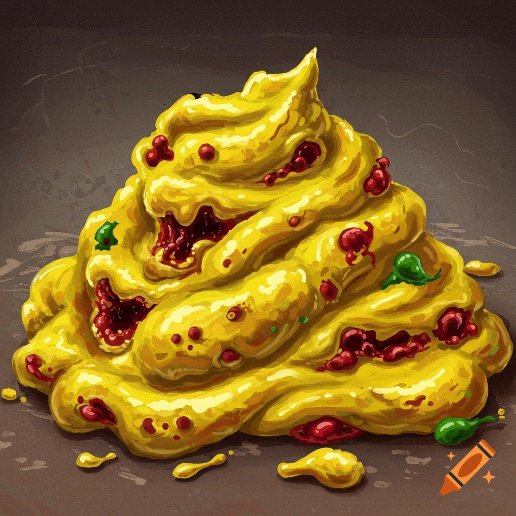 A grotesque, slimy yellow substance piled up, with red chunks and small ...