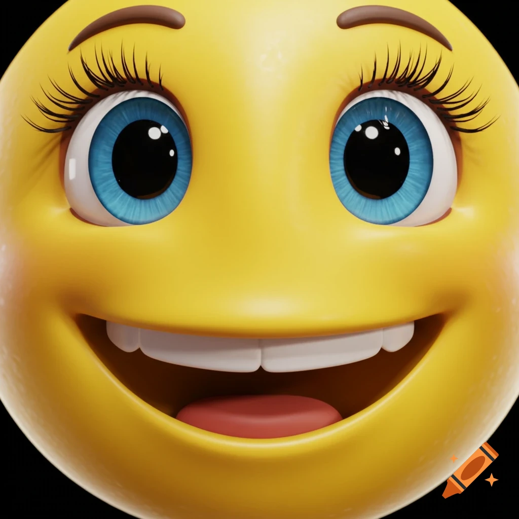 A close-up of a happy yellow smiley face emoji with large blue anime ...