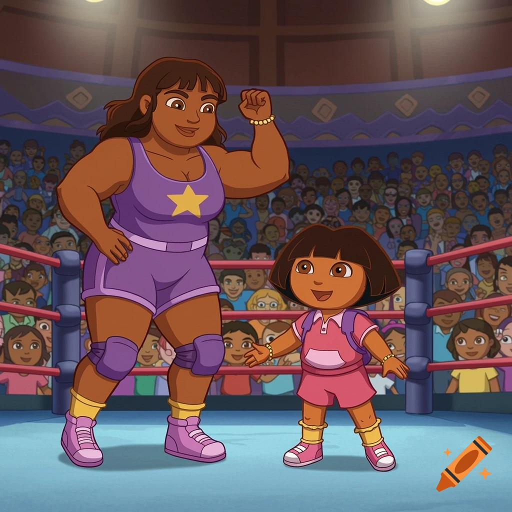 Dora the Explorer and a muscular female wrestler stand in a cartoon wrestling ring with a ...