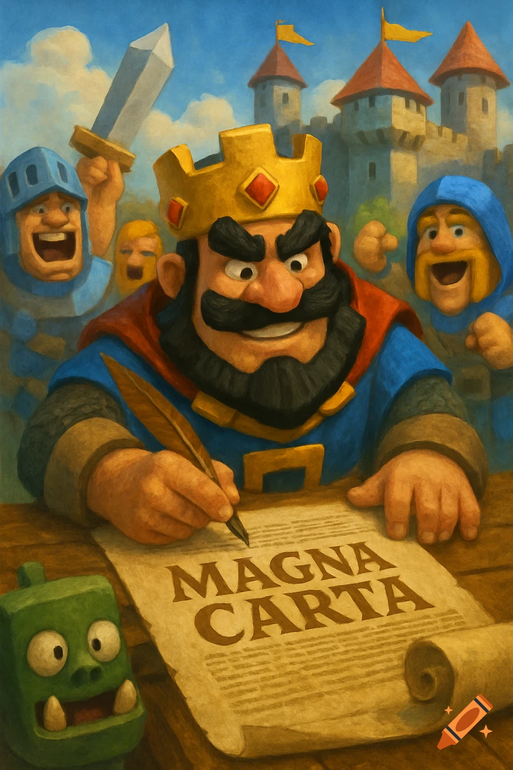 A cartoon king signs a document labeled 'Magna Carta' with a quill ...