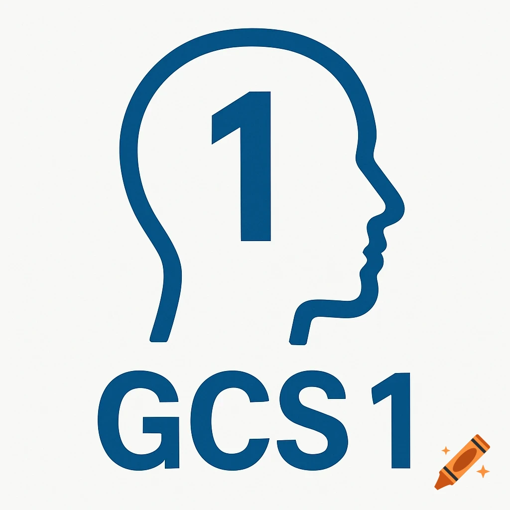 Blue outline of a human head profile with a large number 1 inside and the text GCS1 below on a ...