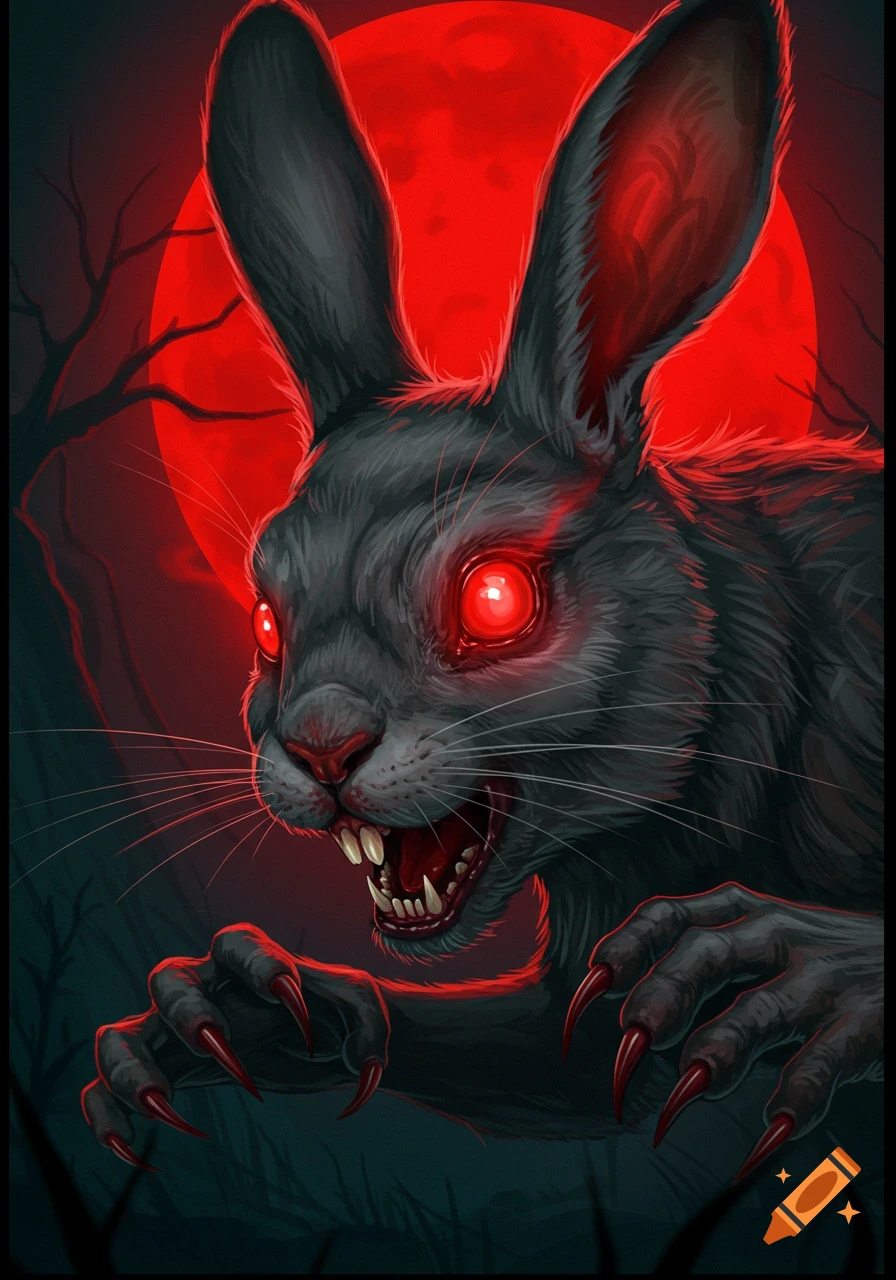 A monstrous rabbit with glowing red eyes, sharp fangs, and clawed hands ...