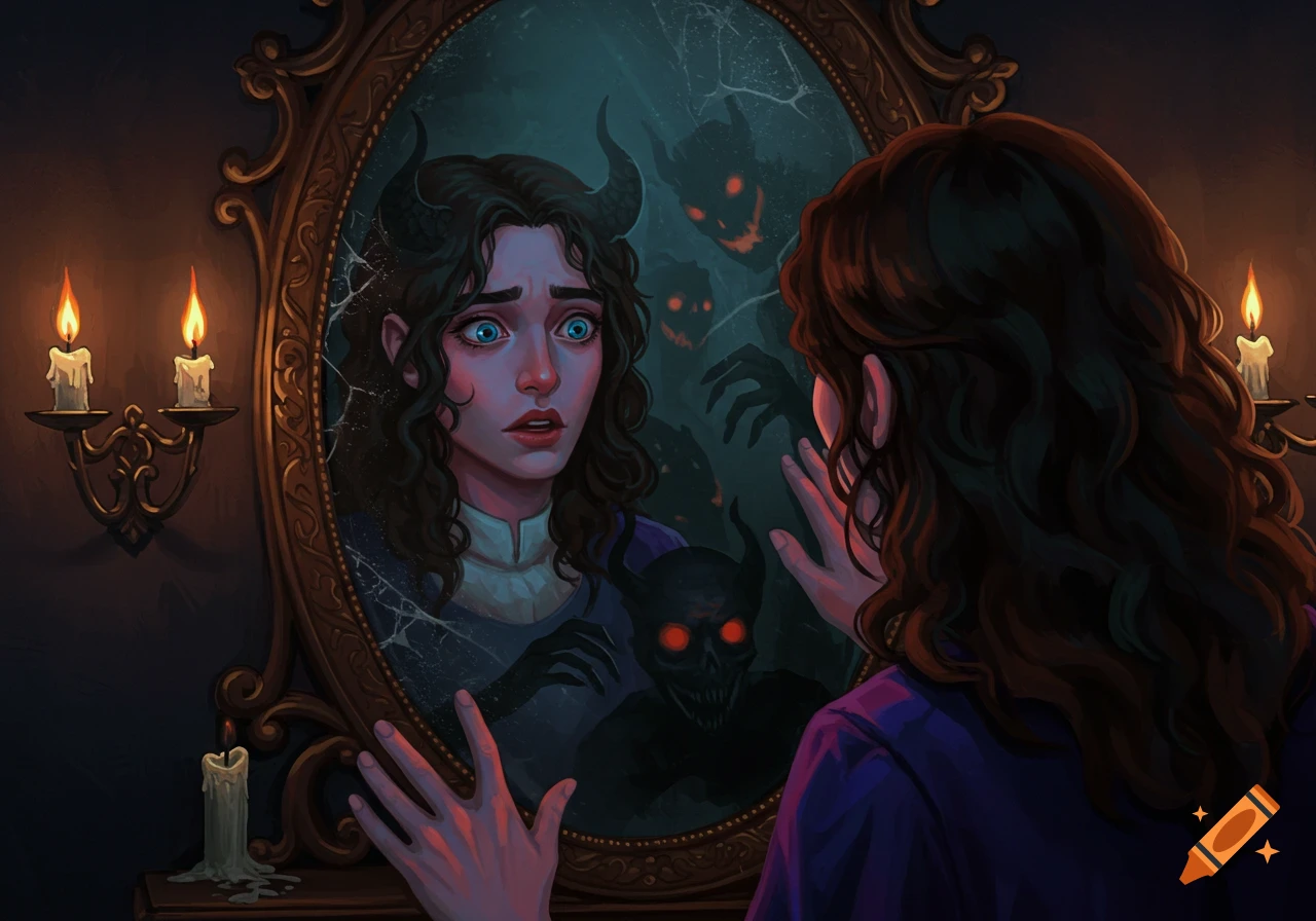 A scared woman looks into an ornate mirror, seeing horned demons with ...