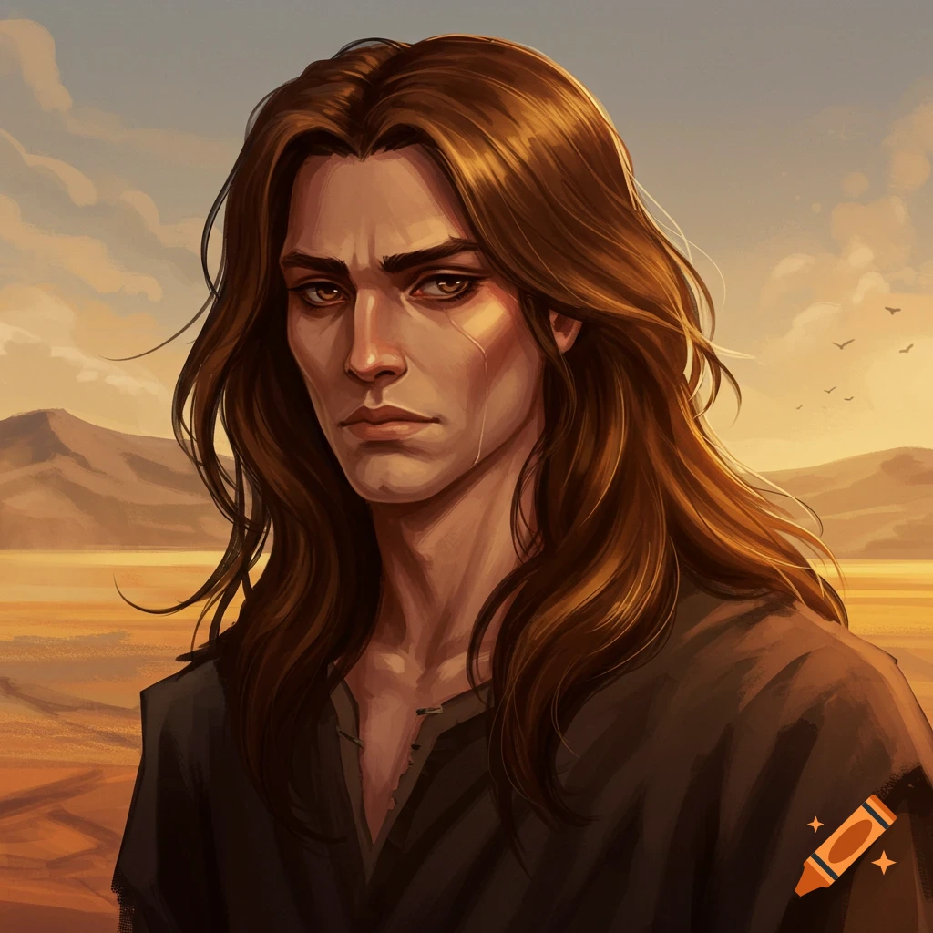 Portrait of a somber man with long, flowing brown hair, standing ...