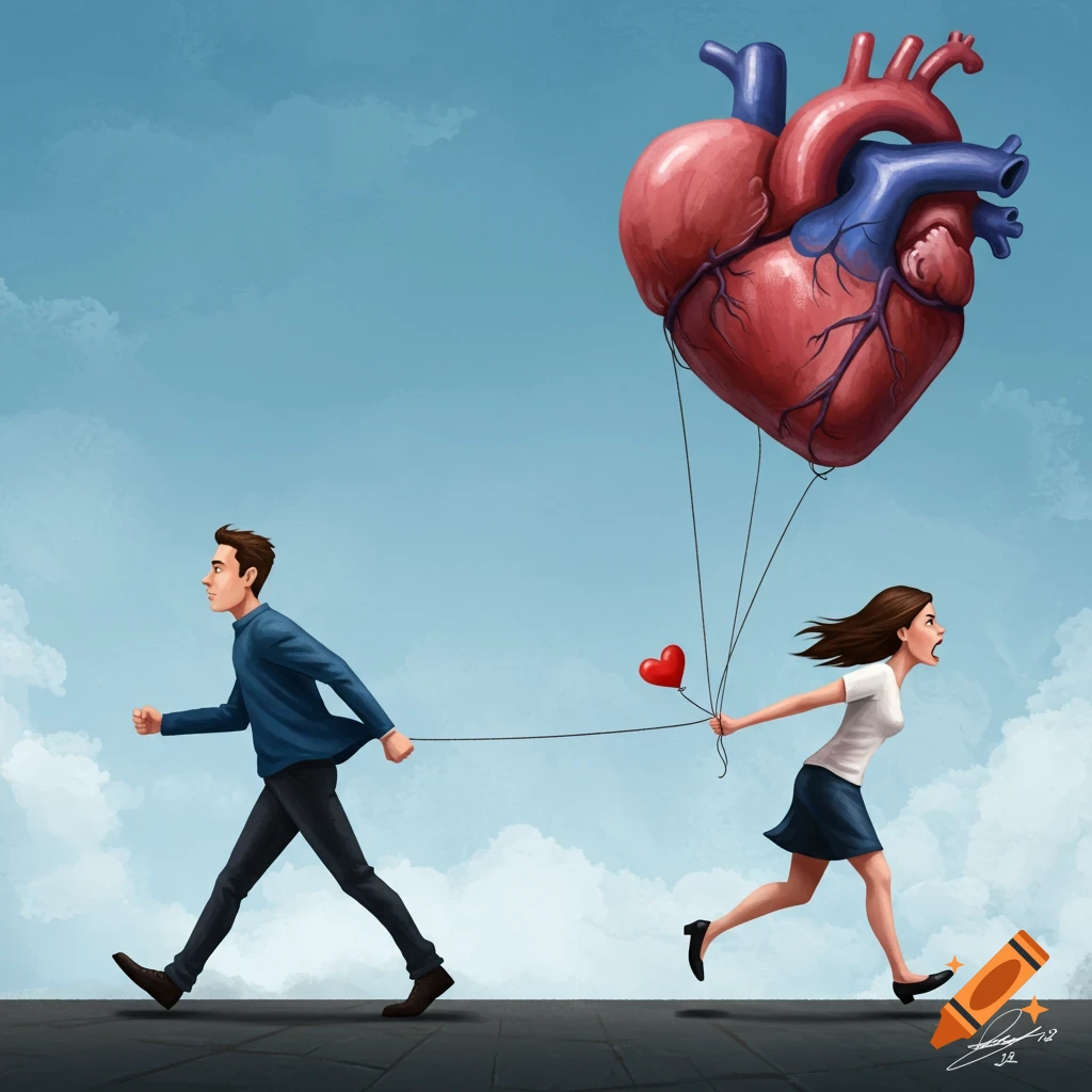 An illustration of a man walking away while a woman, holding an ...