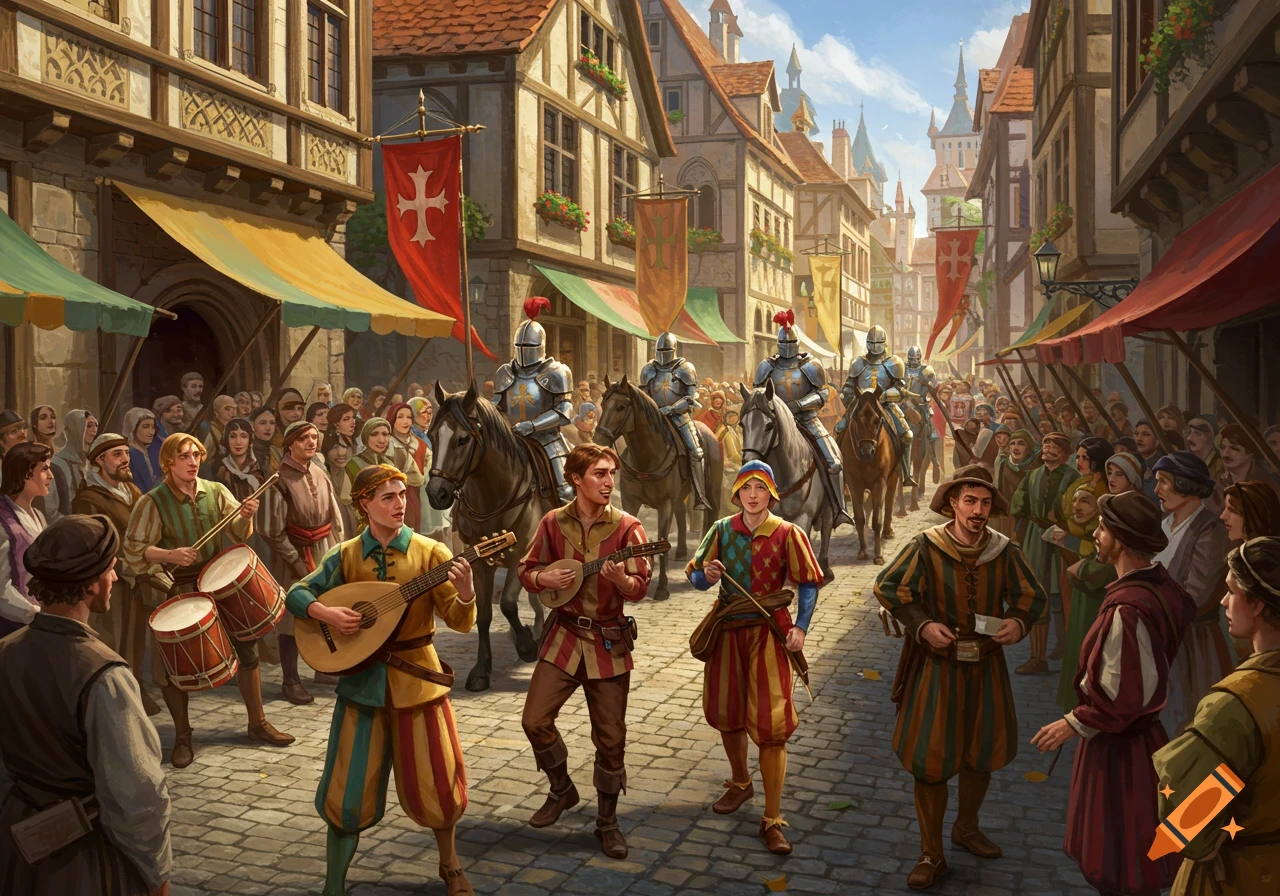 A medieval parade with musicians, knights on horseback, and crowds of ...