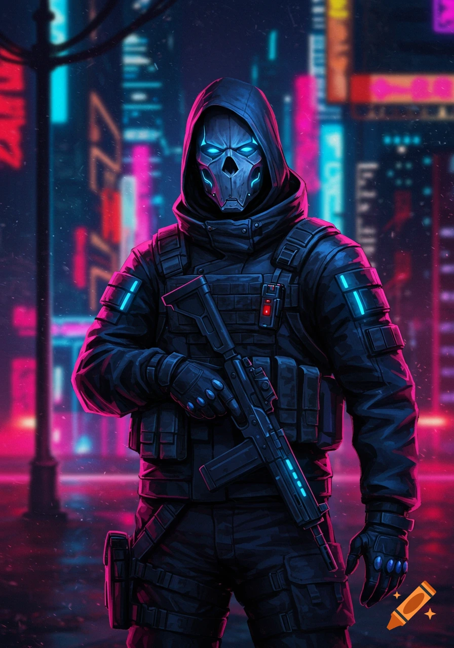 A hooded figure with a glowing skull-like mask and tactical gear holds ...