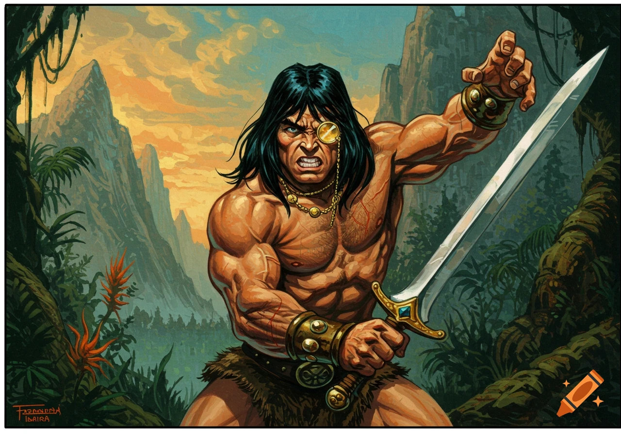 Muscular Conan the Barbarian with a monocle and sword, standing aggressively in a lush jungle ...