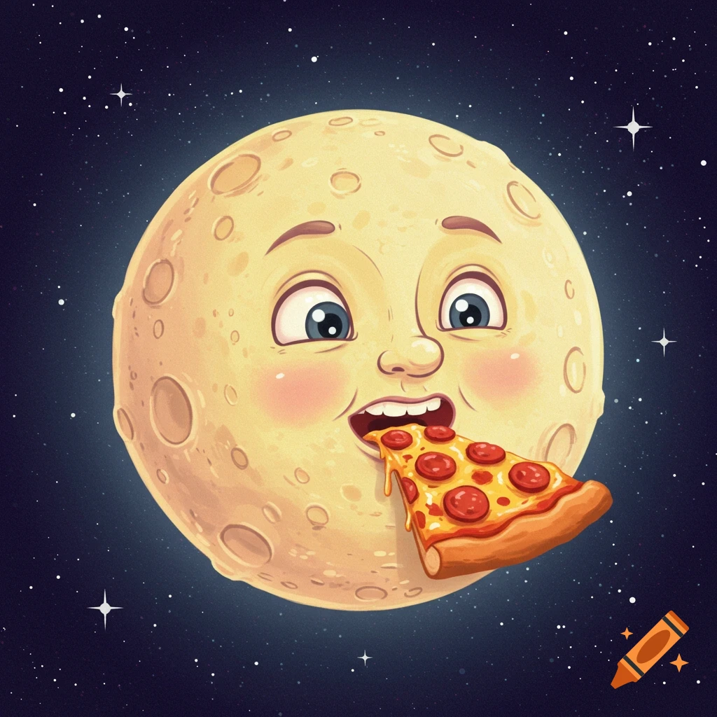 A cartoon moon with a face eating a slice of pepperoni pizza in outer ...