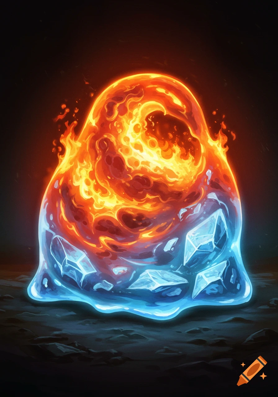 A fantasy slime creature, half glowing red fire and half glowing blue ...