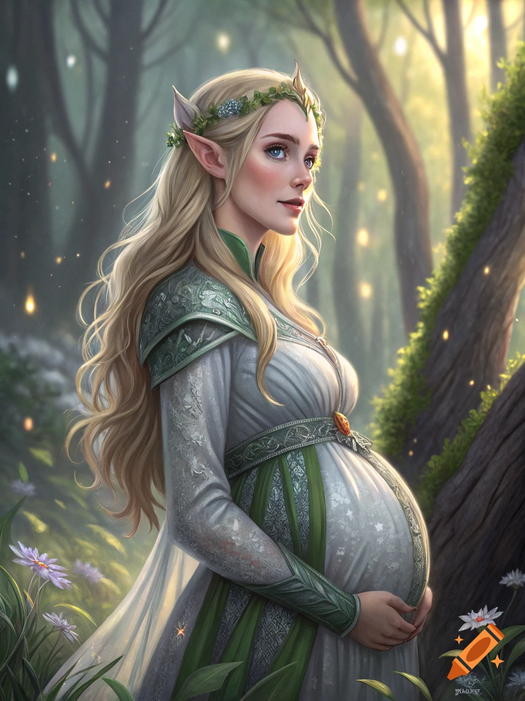 A beautiful blonde elven woman with pointed ears, wearing a green and ...