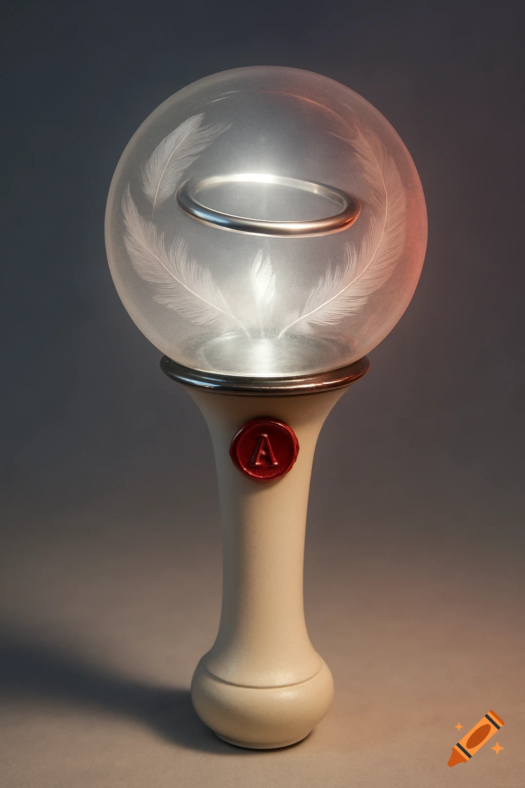 A soft-gothic K-pop light stick with a frosted glass orb, floating silver halo, feather etchings ...
