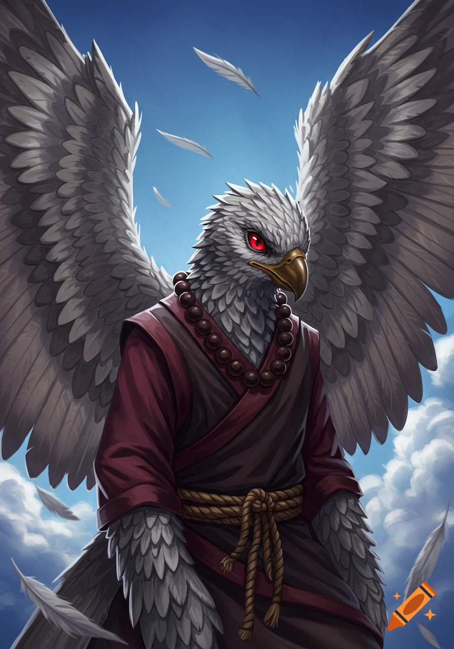 An Aarakocra monk with white feathers, red eyes, and large wings ...