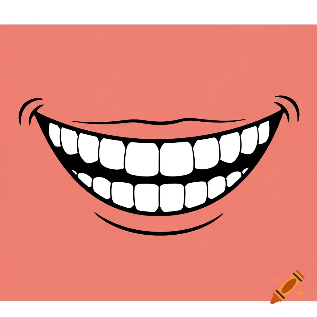 A wide, cartoon smile with large white teeth on a pink background. on ...