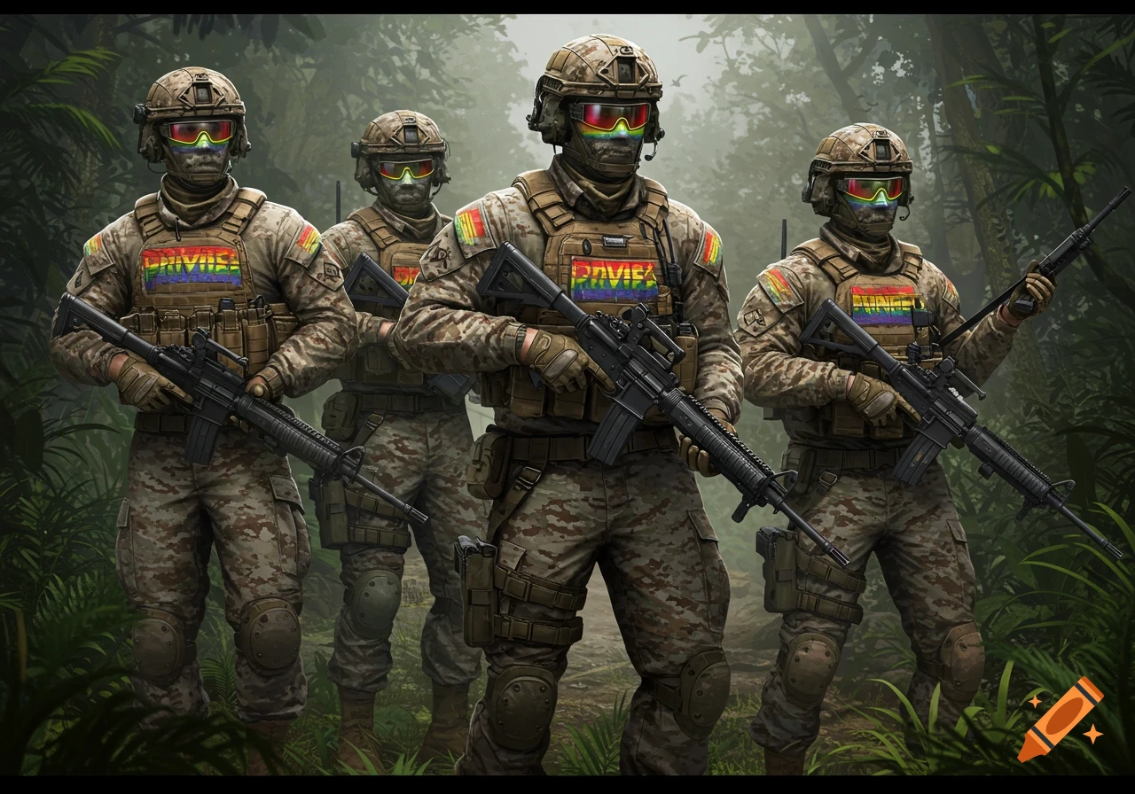 Four soldiers in camouflage uniforms and tactical gear with rainbow ...