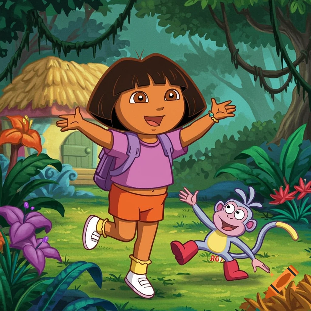 Cartoon illustration of Dora the Explorer and Boots the monkey in a ...