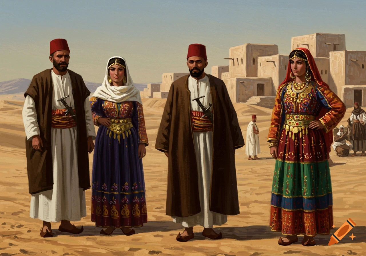 People in traditional Iraqi clothing stand in a desert village. Two men ...