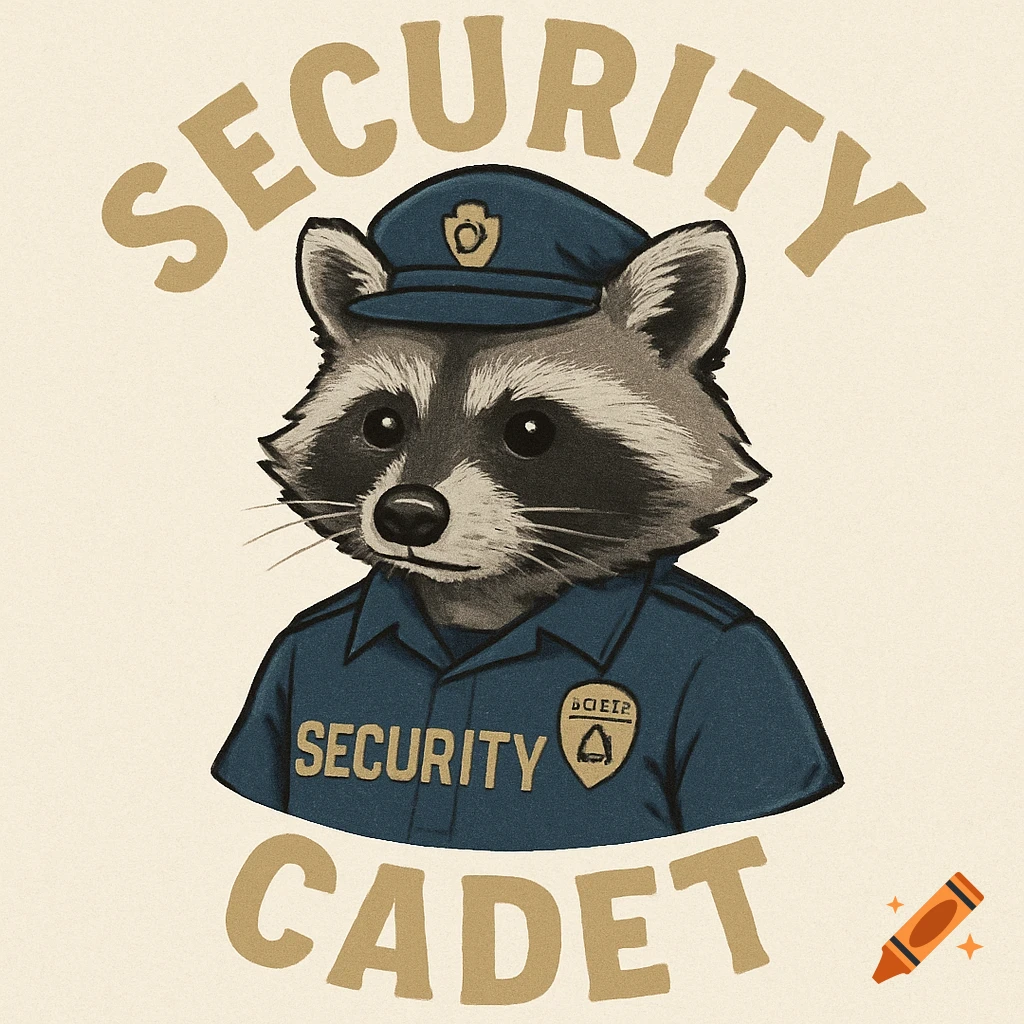Cartoon illustration of a raccoon in a blue security uniform with ...