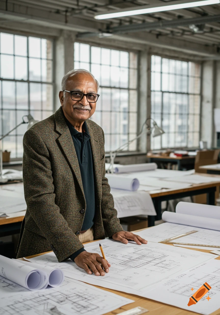 An older male architect smiles while leaning over blueprints in a ...
