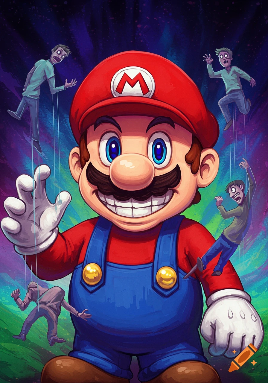 A creepy illustration of a giant Mario puppet master with a wide grin ...