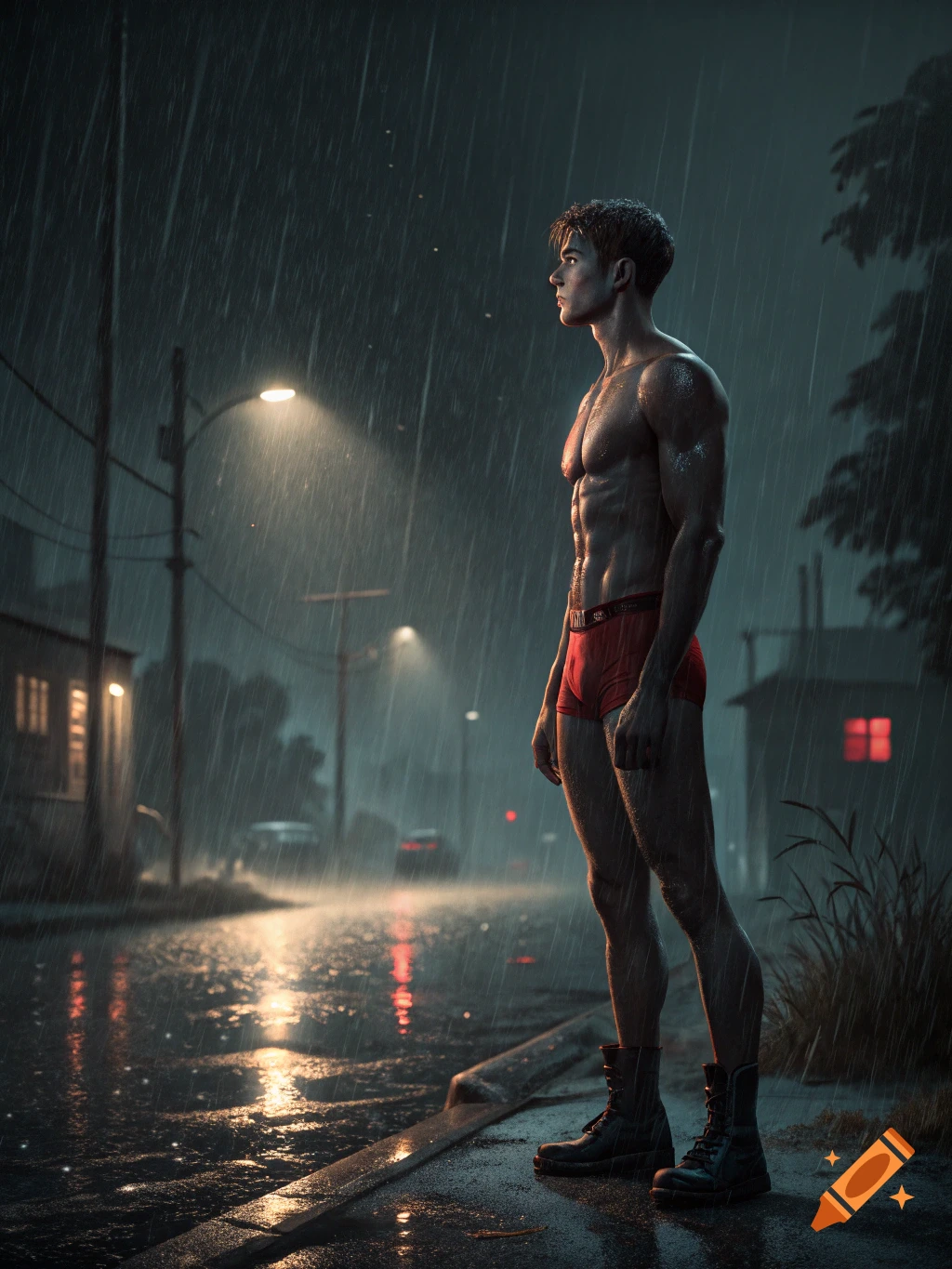 Muscular man in red speedos and combat boots stands shirtless on a wet ...