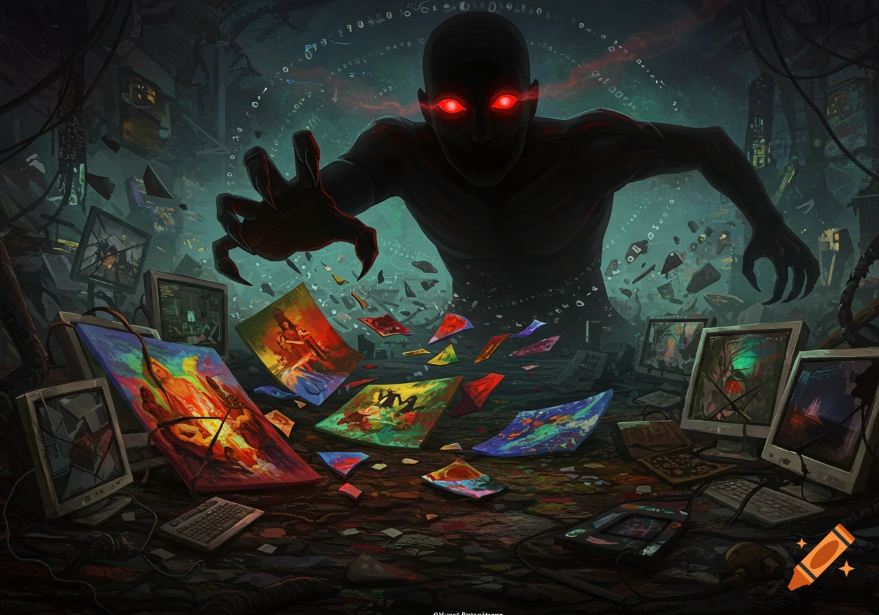 A menacing, shadowy figure with glowing red eyes reaches forward amidst ...