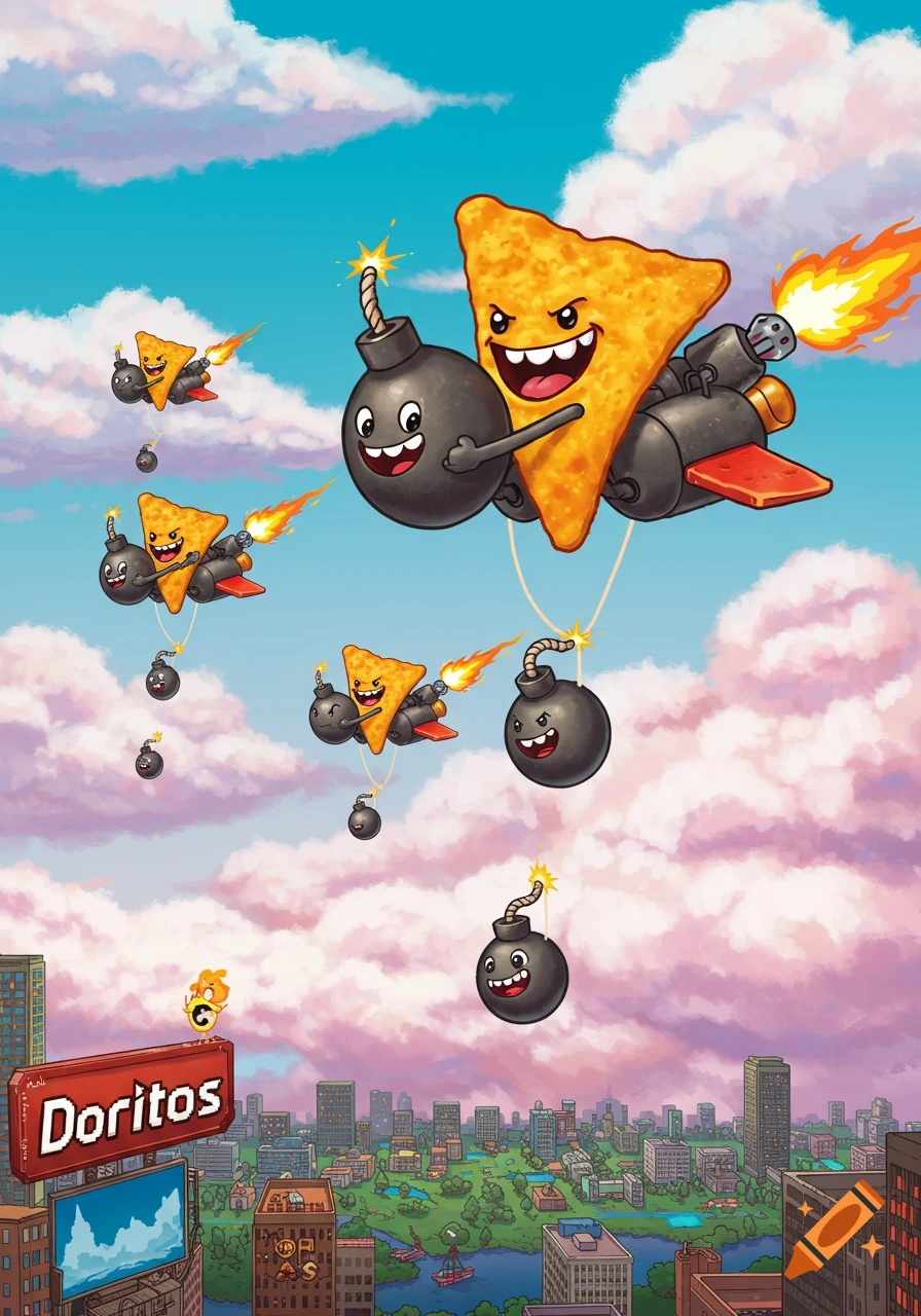 Cartoon Doritos chips flying on rockets with smiling bombs, dropping ...