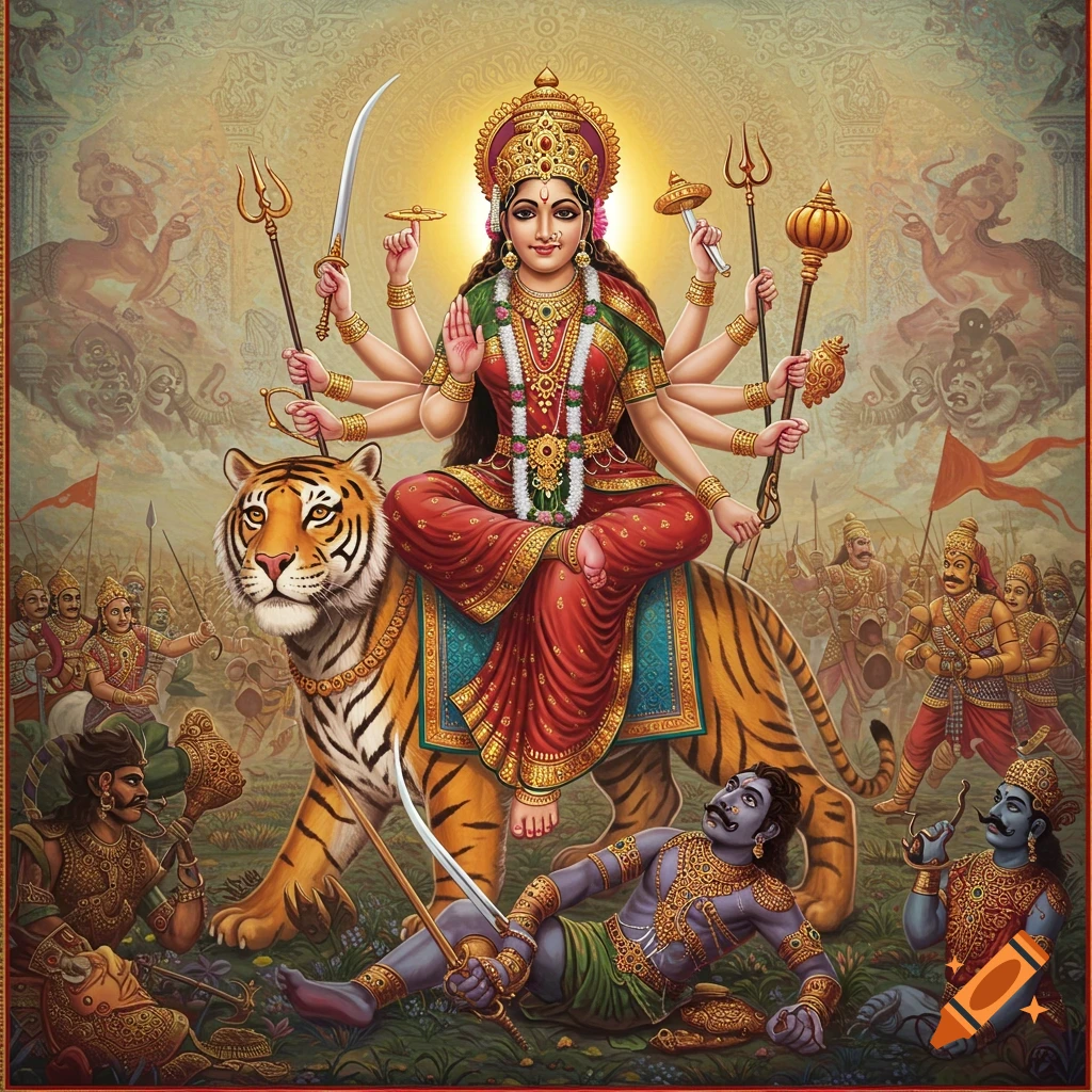 Durga Mata, a multi-armed goddess, rides her tiger mount amidst a stylized battle scene with ...