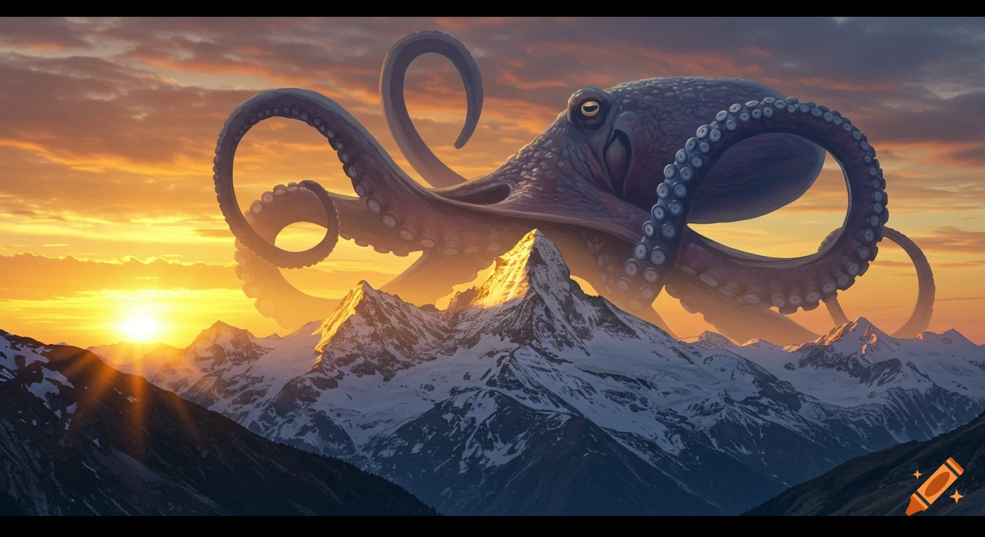 A giant octopus looms over snow-capped mountains at sunset, with the ...