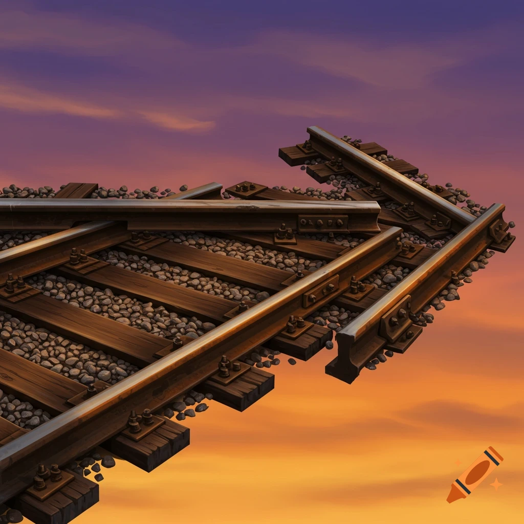 Railroad tracks form an arrow pointing right, set against a vibrant ...