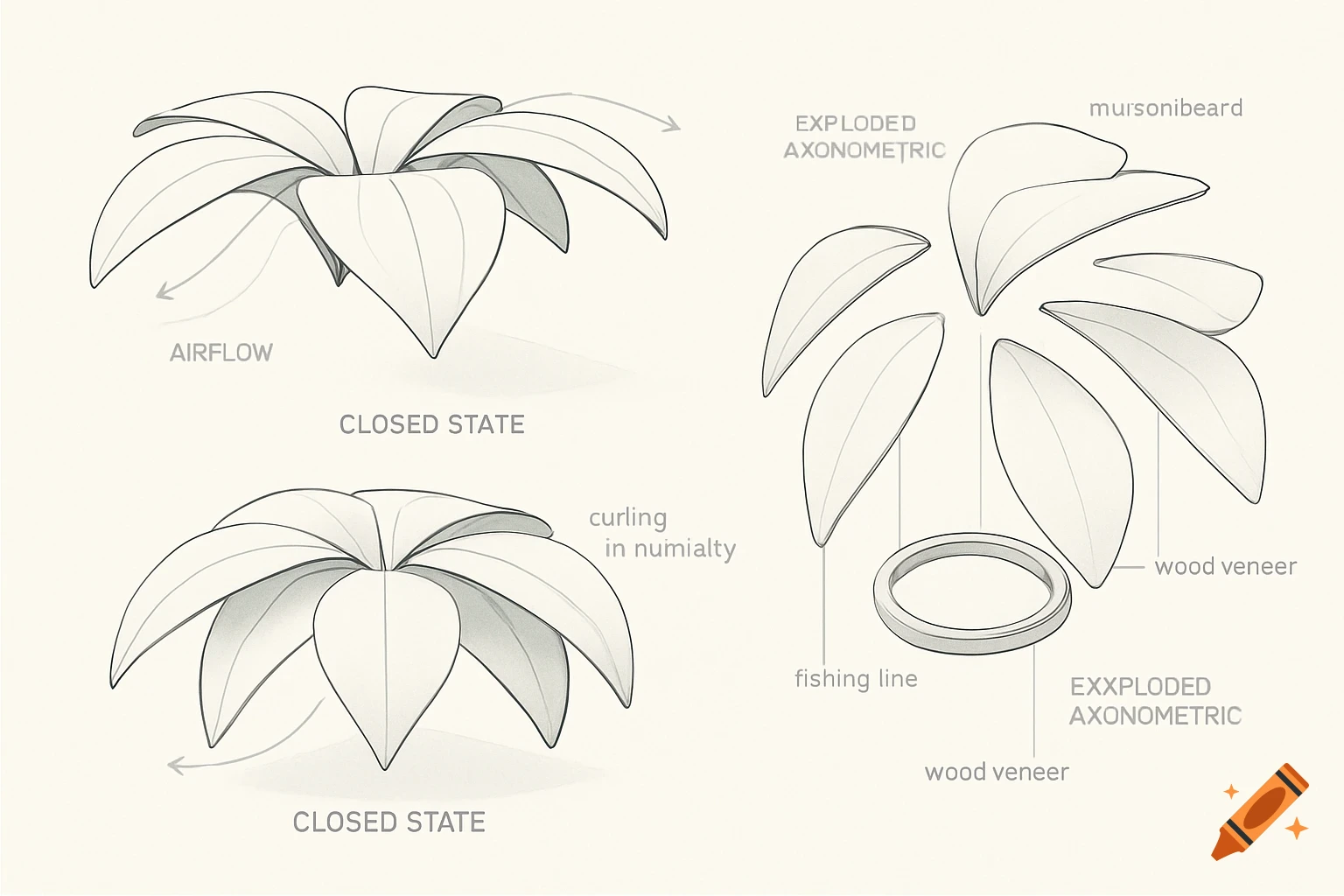 Architectural diagram of a modular shading system with petals in closed ...